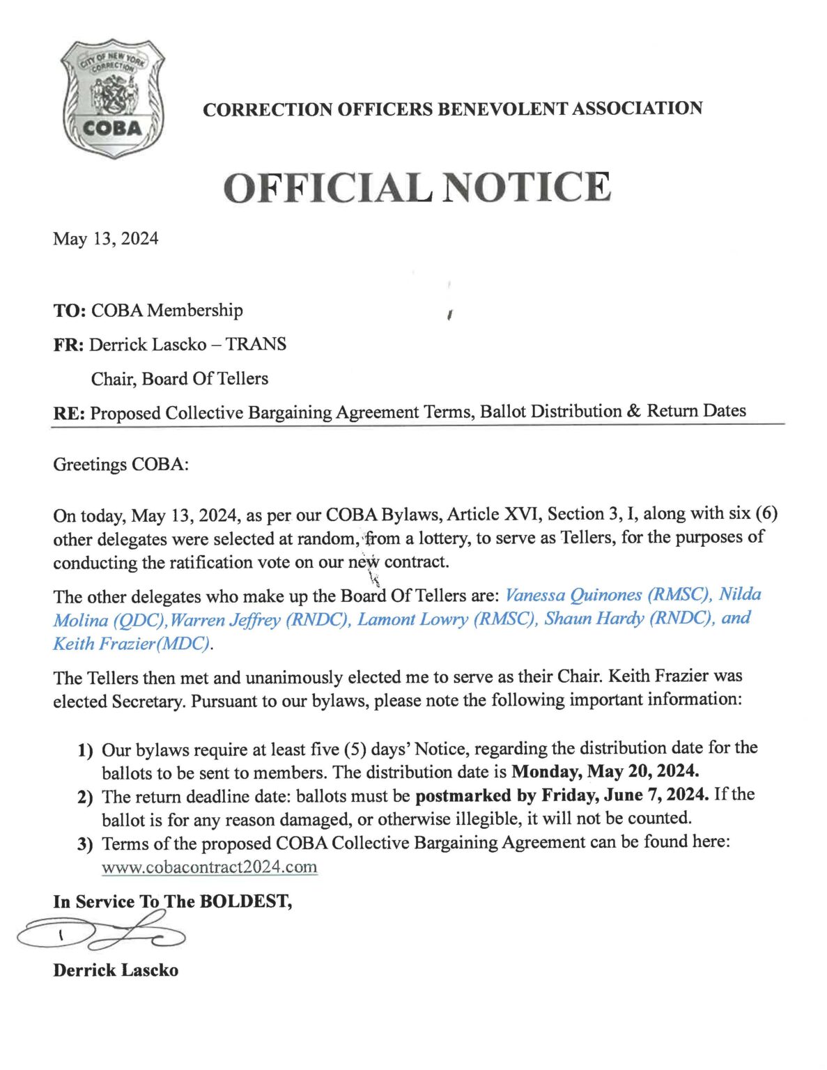 PROPOSED COLLECTIVE BARGAINING AGREEMENT TERMS, BALLOT DISTRIBUTION ...
